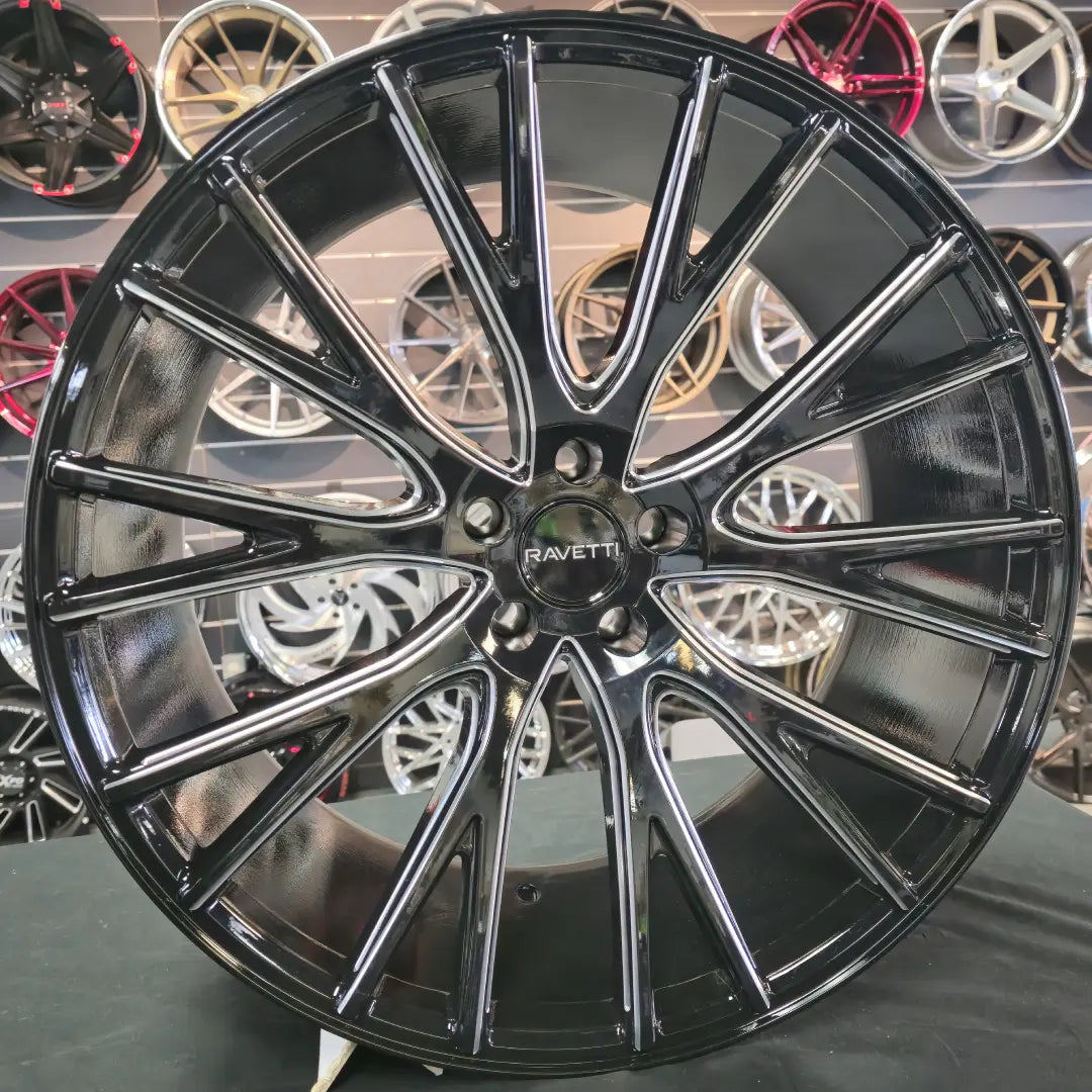 22 Inch 22x10 Ravetti Rims M12 Black Milled Wheels Tires: 265/40ZR22 ...
